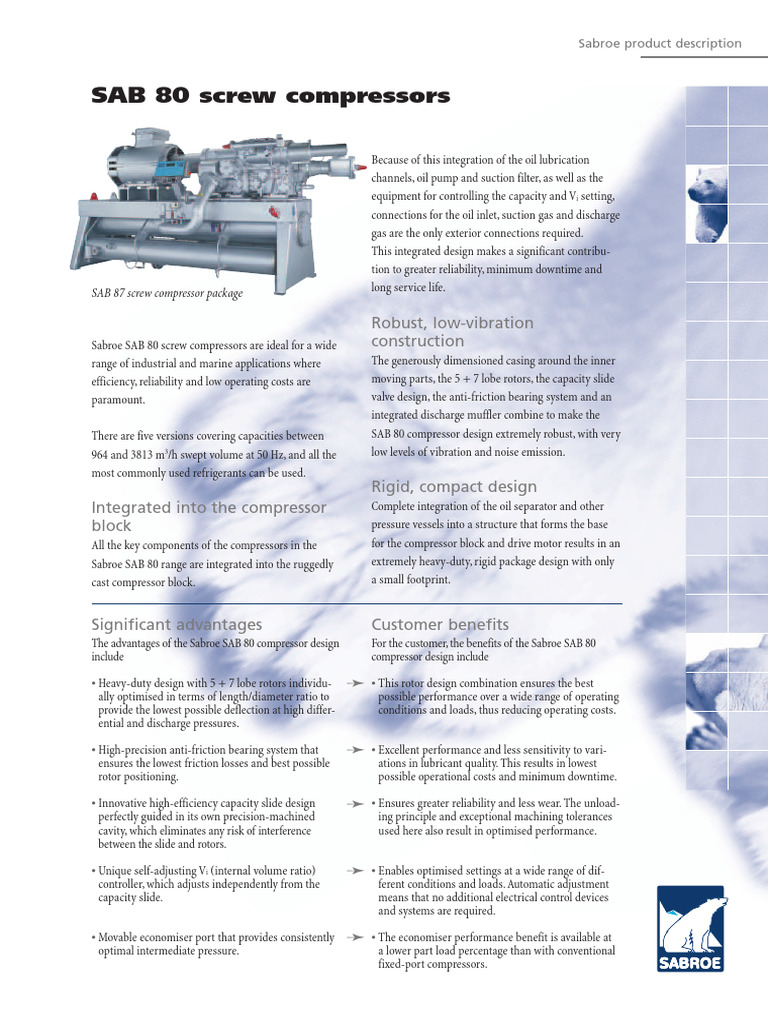SAB 80 Screw Compressors | PDF | Mechanical Engineering | Manufactured ...