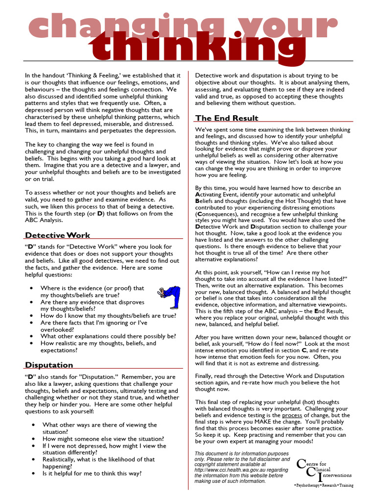 Depression Information Sheet - 10 - Changing Your Thinking | PDF ...