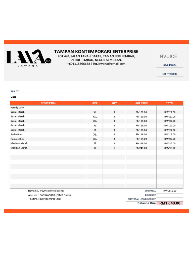 Invoice for Clothing Order Details | PDF