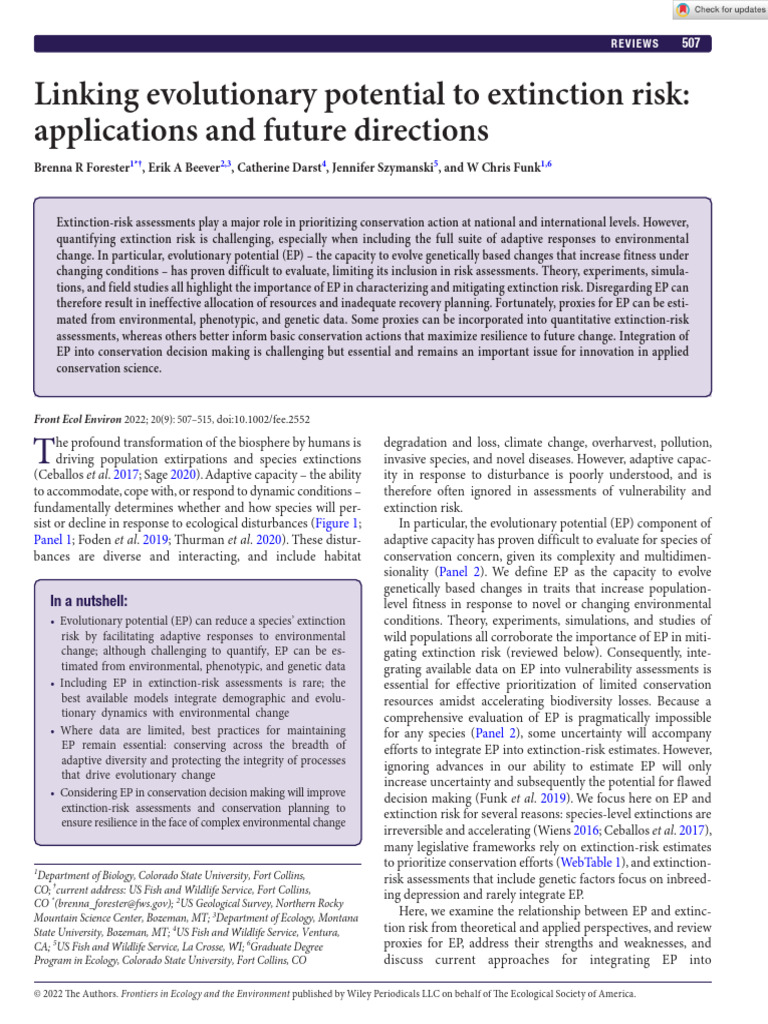 Frontiers in Ecol Environ - 2022 - Forester - Linking evolutionary potential to extinction risk ...
