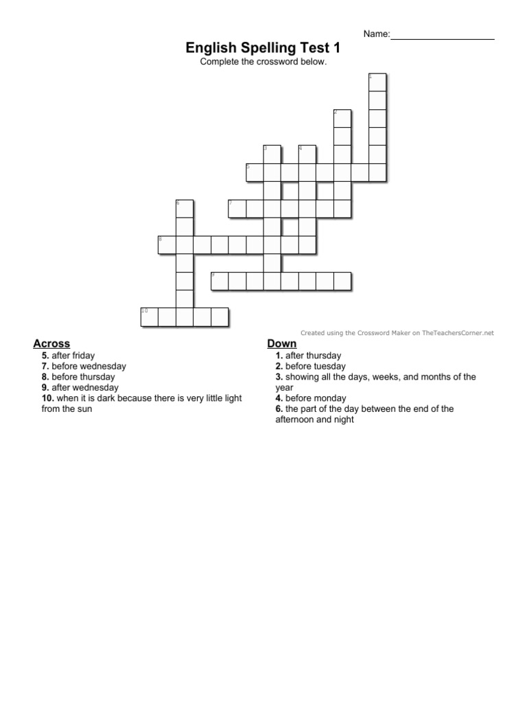 English Spelling Crossword Test | PDF