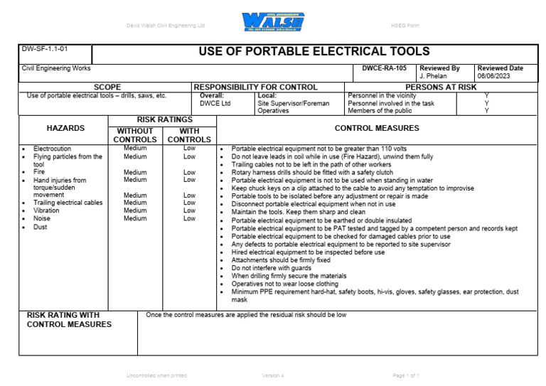 DWCE-RA-105 Use of Portable Electrical Tools | PDF | Personal Protective Equipment | Safety