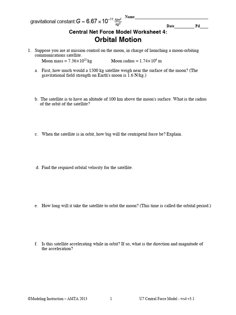 Physics Worksheet 2 | PDF | Force | Orbit