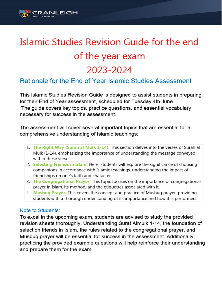 Islamic Studies Revision Guide For The End of The Year Exam Y7 | PDF ...