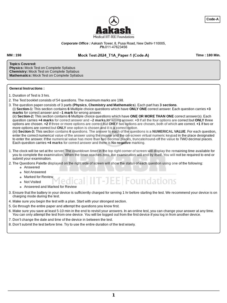 Mock Test - 2024 - Test-1A - Paper-1 - Code-A | PDF | Atoms | Photon