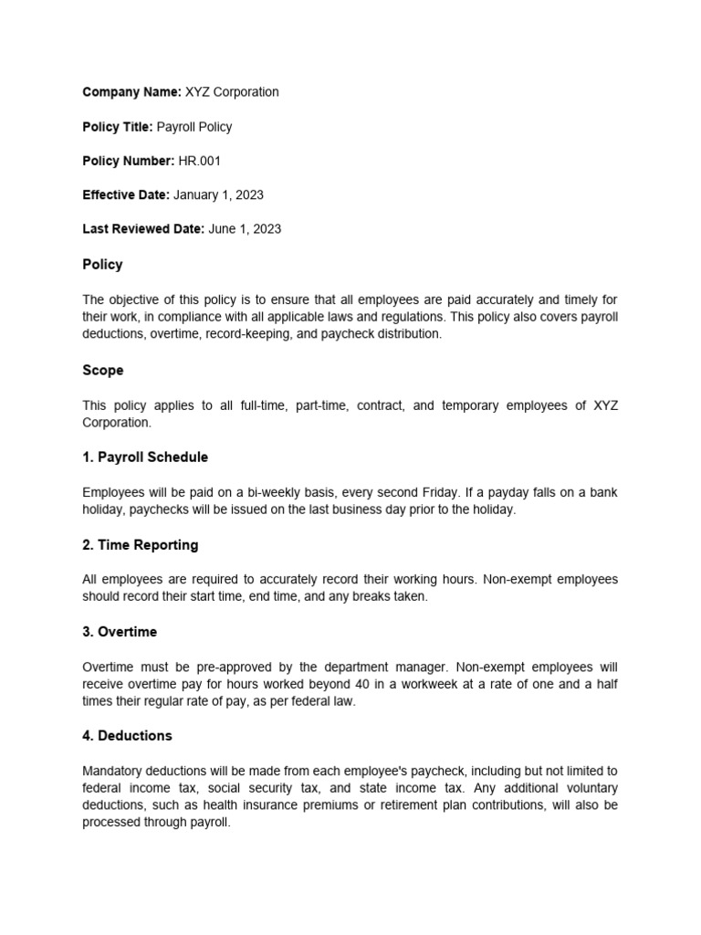 Payroll Policy Sample - 1 | Download Free PDF | Payroll | Payroll Tax