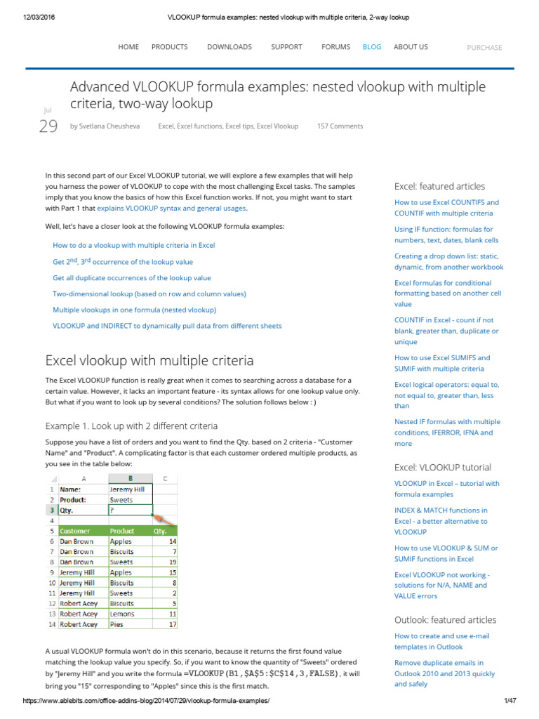 VLOOKUP Formula Examples - Nested Vlookup With Multiple Criteria, 2-Way Lookup | PDF | Microsoft ...