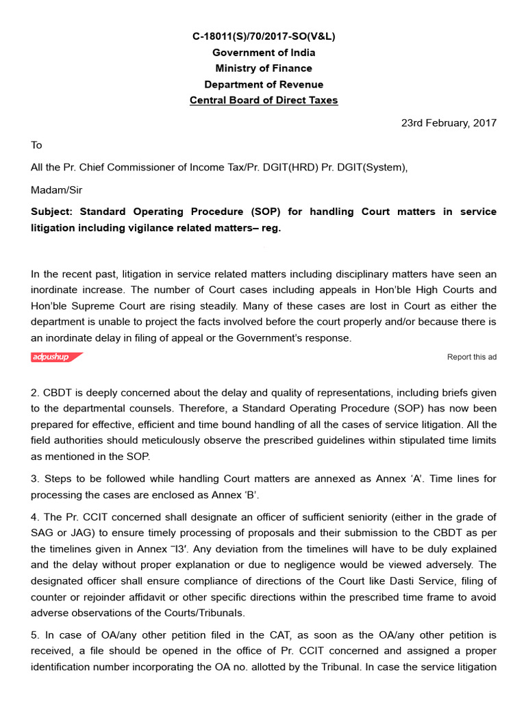 CBDT SOP For Service Litigation & Vigilance Related Court Matters | PDF ...