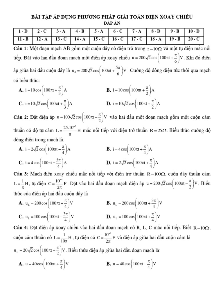 (52.2) Đáp Án Bài Tập Áp Dụng Phương Pháp Giải Toán Điện Xoay Chiều | PDF