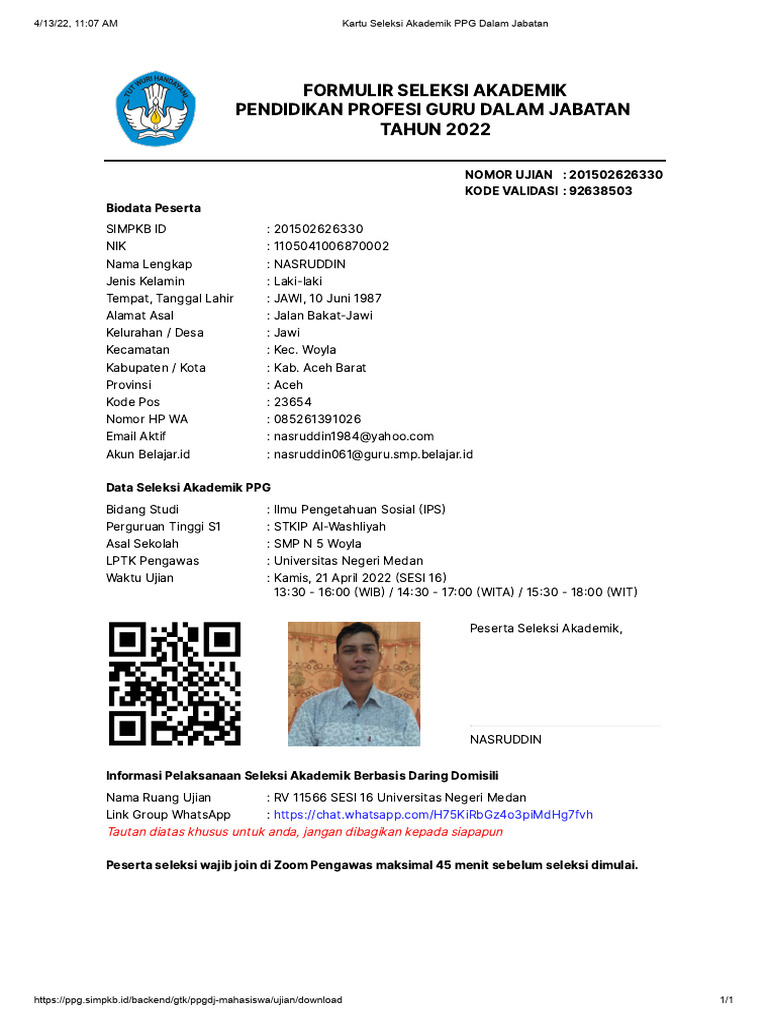 Kartu Seleksi Akademik PPG Dalam Jabatan Nas | PDF