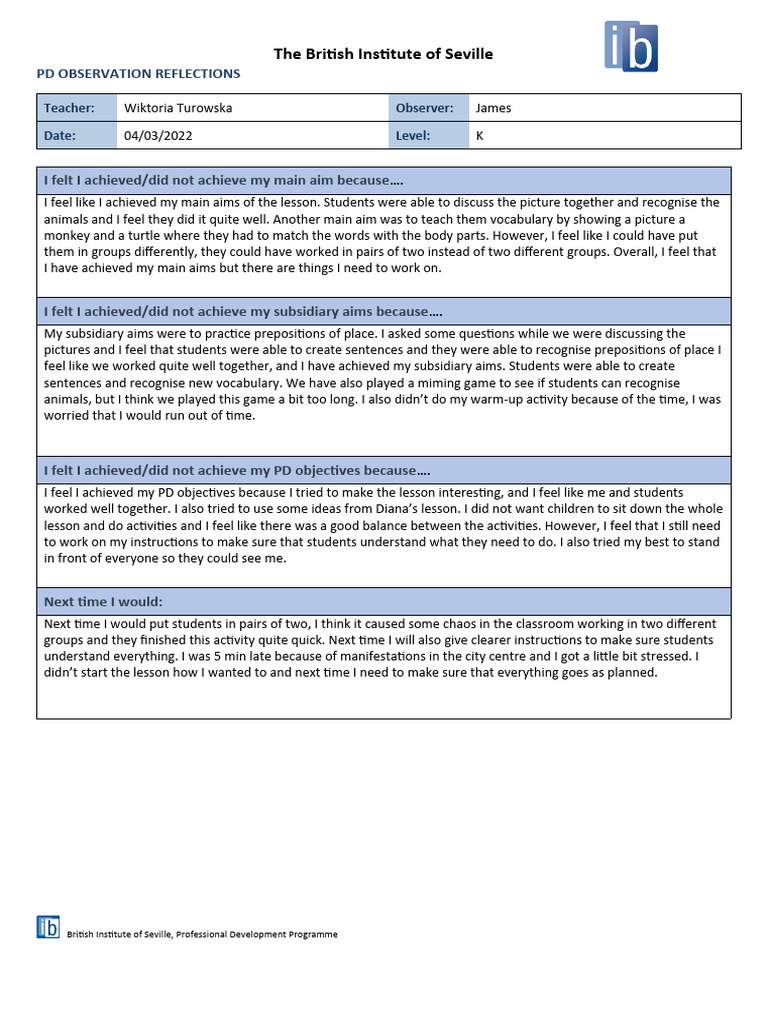 2021 Form. PD Observation Reflections. Friday | PDF | Learning | Human Communication