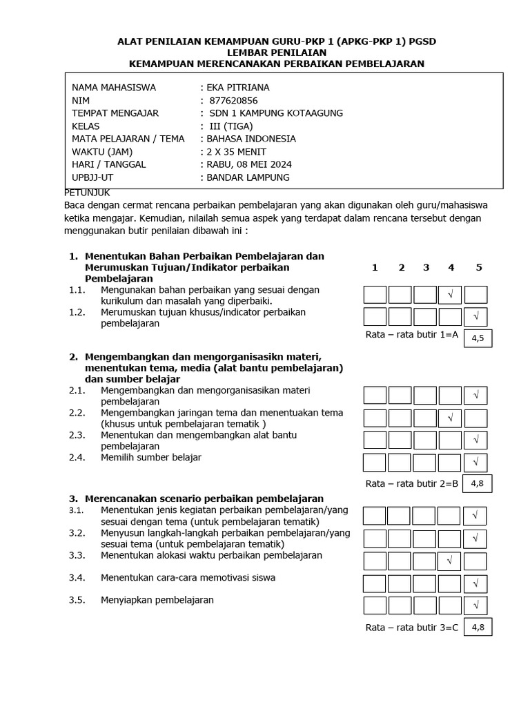 EKA PITRIANA 877620856 - LEMBAR APKG 1 Dan 2 PKP PGSD | PDF
