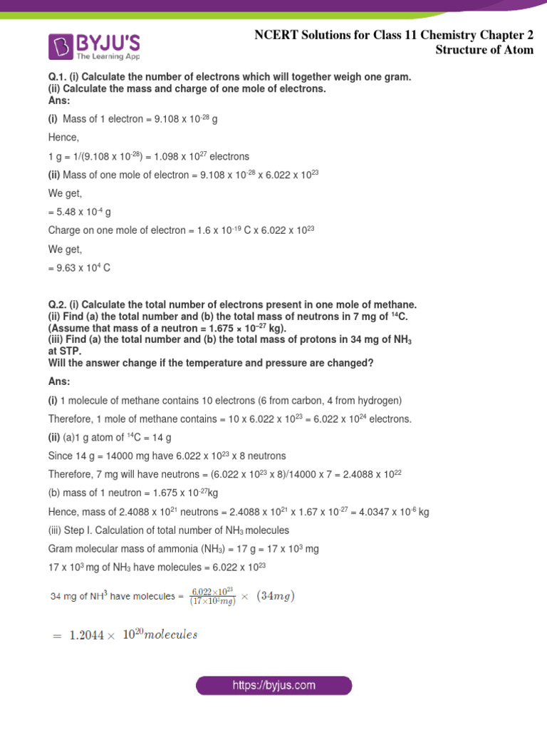 Ncert Solutions For Class 11 Chemistry Jan18 Chapter 2 Structure of Atom | PDF | Electron ...