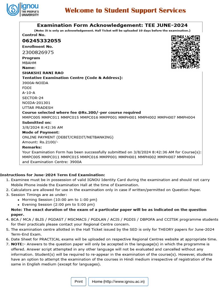 IGNOU - Examination Form Acknowledgement | PDF | Banking Technology ...