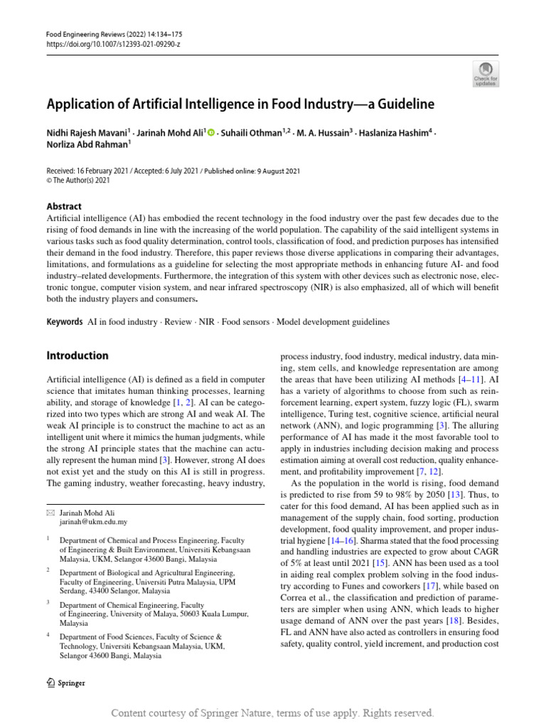 Application Of Ai In Food Industry Pdf Machine Learning