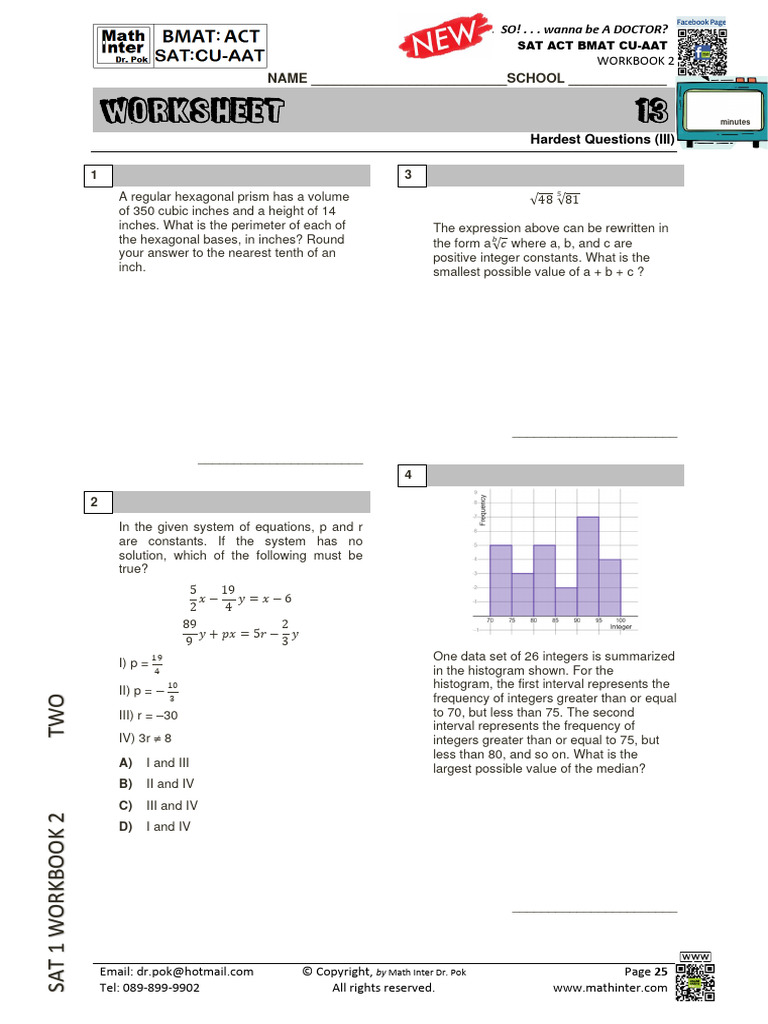 Sat 1 Book 2 2022 Worksheet 13 | PDF | Histogram | Equations