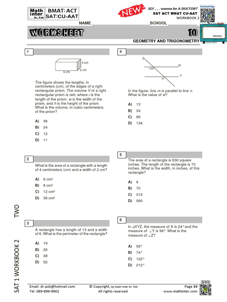 Sat 1 Book 2 2022 Worksheet 10 | PDF | Length | Rectangle