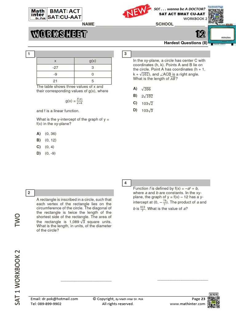 Sat 1 Book 2 2022 Worksheet 12 | PDF | Area | Circle