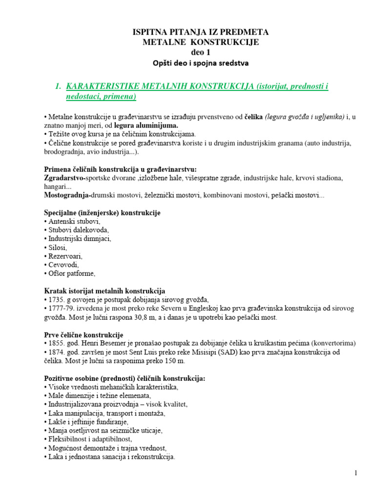 1 Deo - PITANJA IZ METALNIH KONSTRUKCIJA ZA USMEN I ISPIT 2019-20 | PDF