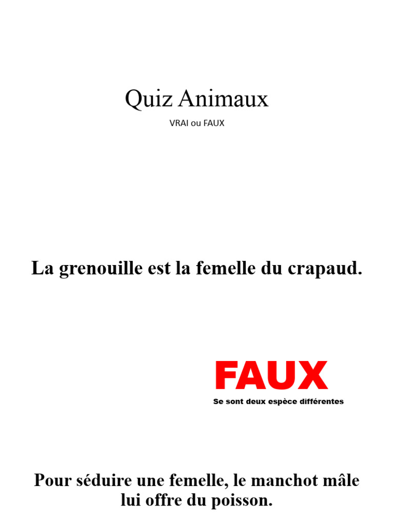 Quiz Vrai ou Faux sur les Animaux | PDF | Chauve-souris | Dragon de Komodo
