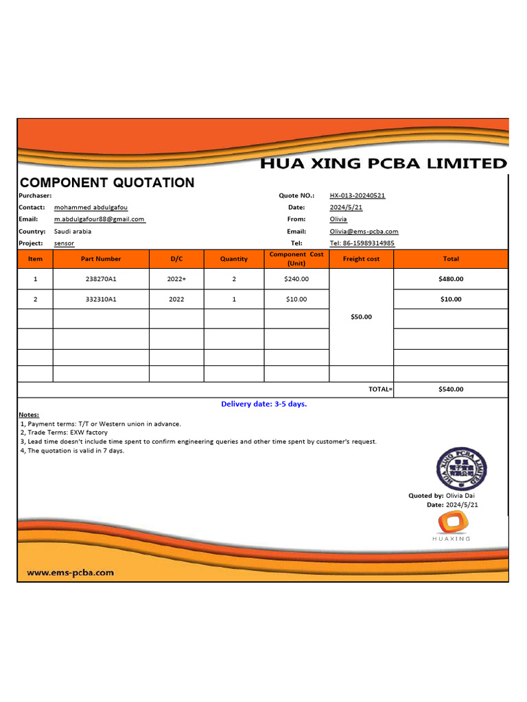 QUOTE FOR sensor-HUAXING LIMITED240521xlsx | PDF
