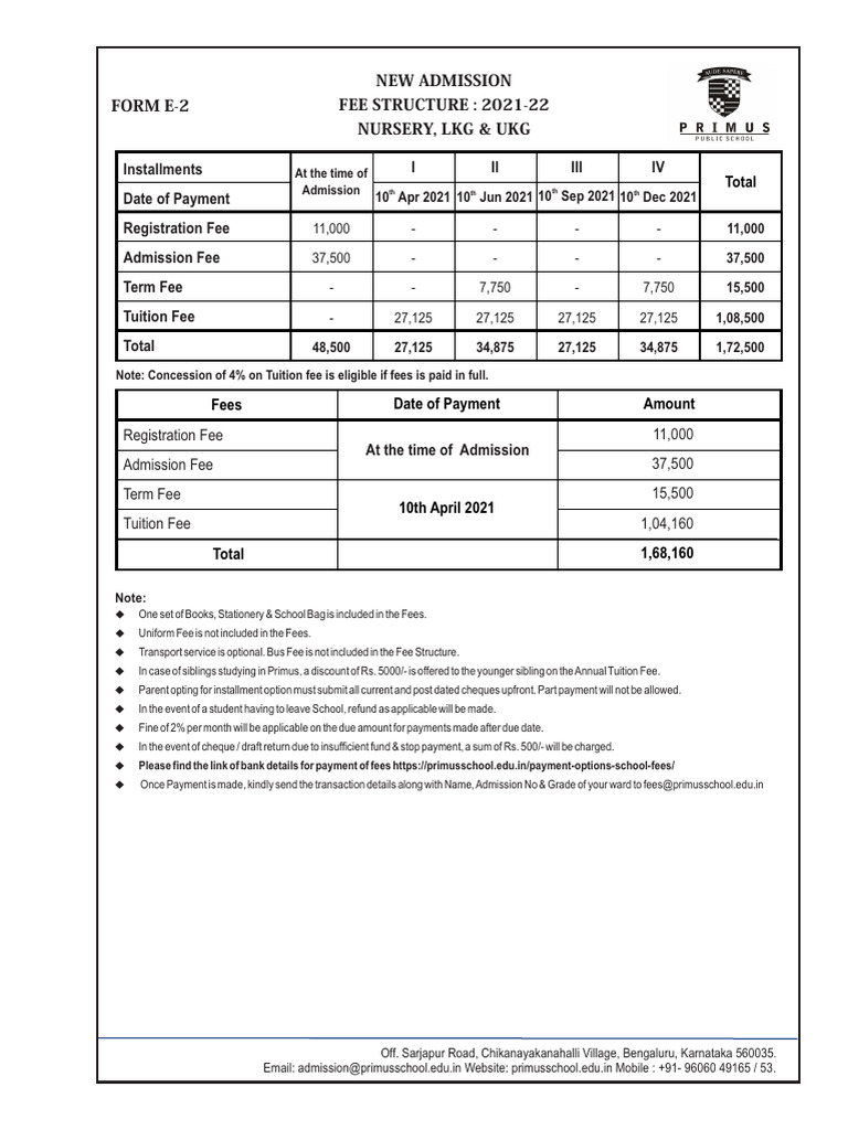 Primus New Admission 2021 22 Nur LKG Ukg Form e 2 | PDF | Fee | Payments