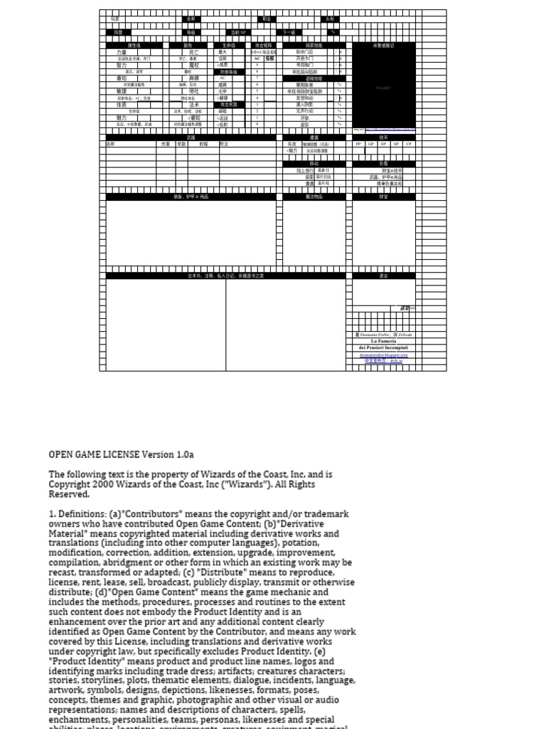 OSE+B - X 表格角色卡 | PDF | License | Copyright