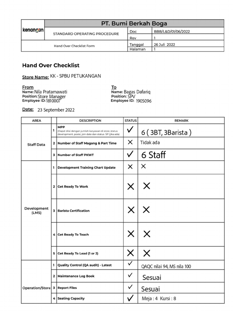 Hand Over Checklist For Ops PDF | PDF