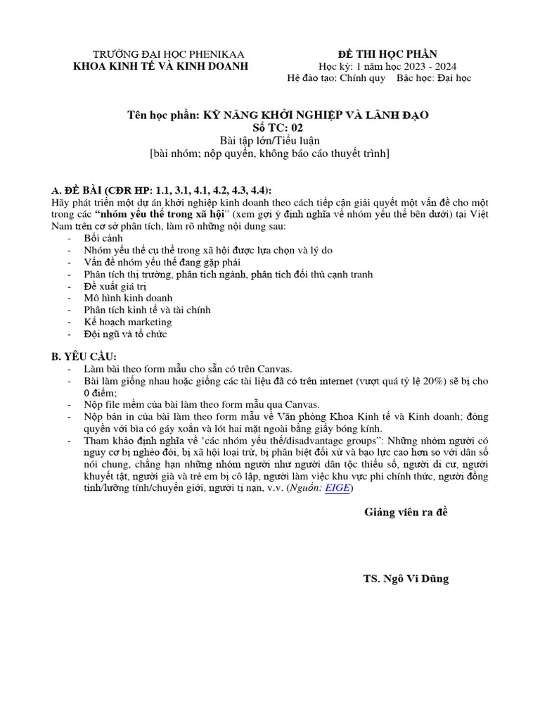 Kỹ Năng Khởi Nghiệp Và Lãnh Đạo 2023-2024 - Đề Thi KTHP | PDF