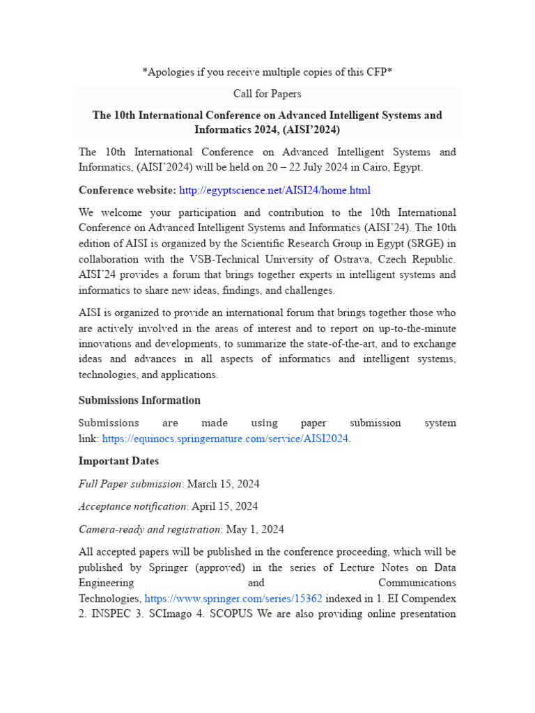 AISI'2024 Call for Papers Announcement | PDF | Artificial Intelligence ...