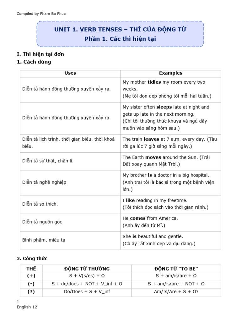 Các Thì Hiện Tại (L12) | PDF