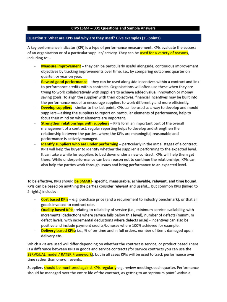 CIPS L5M4 - LO1 Questions and Sample Answers | PDF | Performance Indicator | Procurement