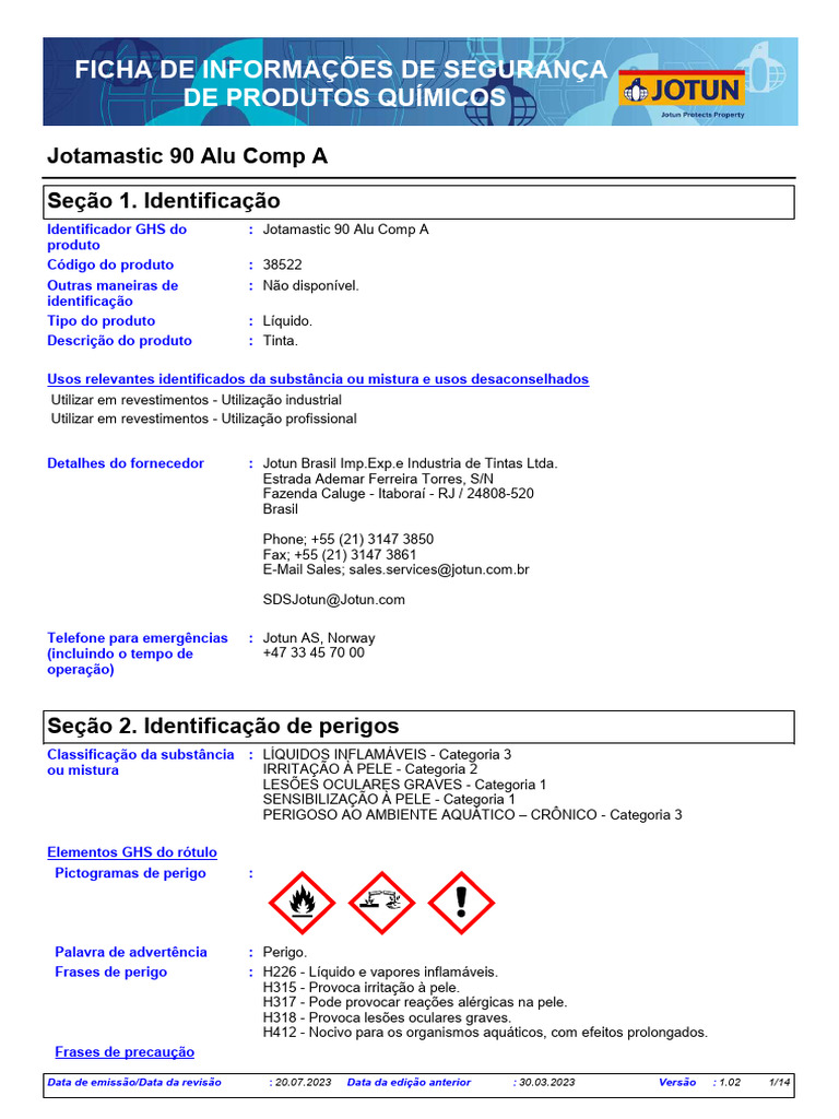 FISPQ Jotamastic 90 ALUM Comp A | PDF | Desperdício | Incêndios