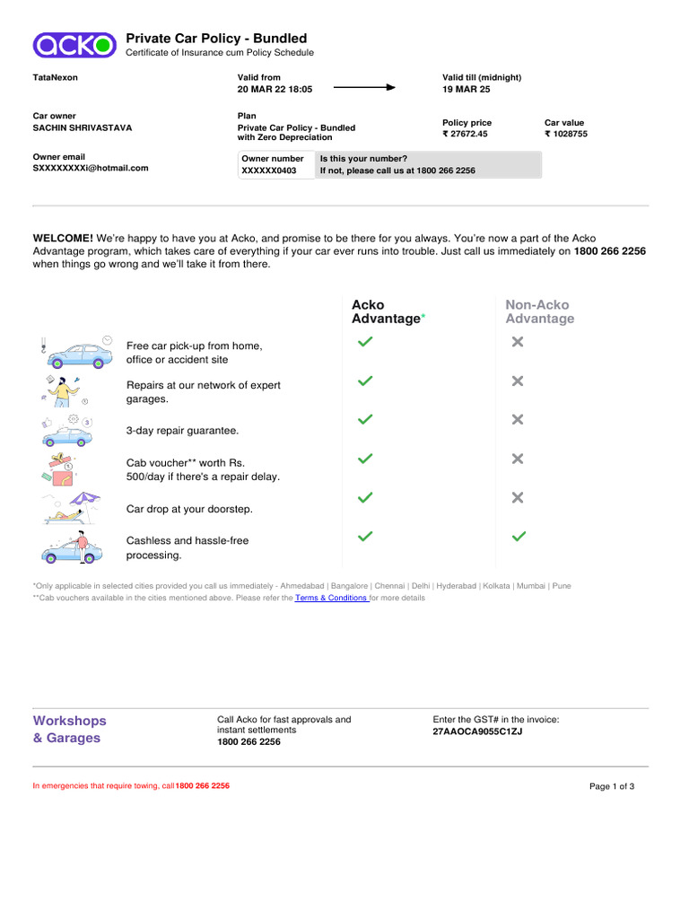 Acko Car Policy - BCBA0050164450800 | PDF | Insurance | Deductible