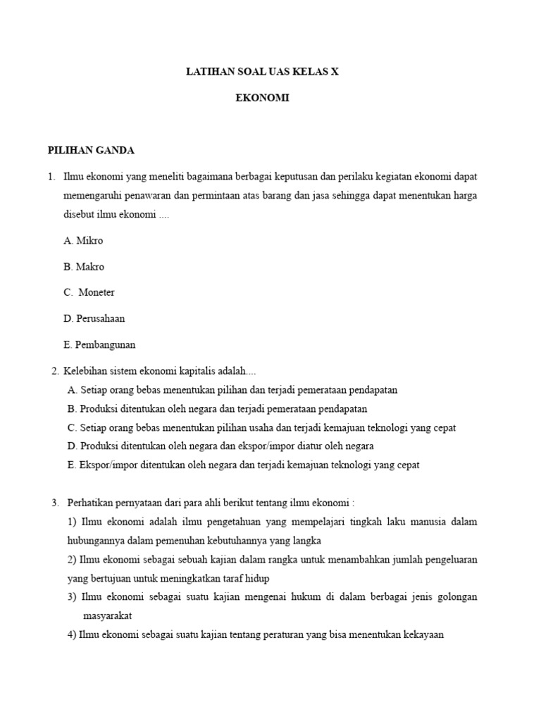 Soal Ekonomi Kelas X | PDF | Pengelolaan Keuangan & Uang