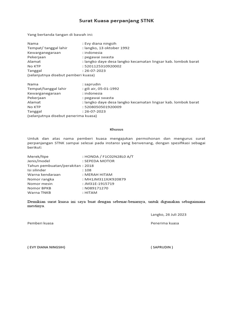 Surat Kuasa Perpanjang STNK | PDF