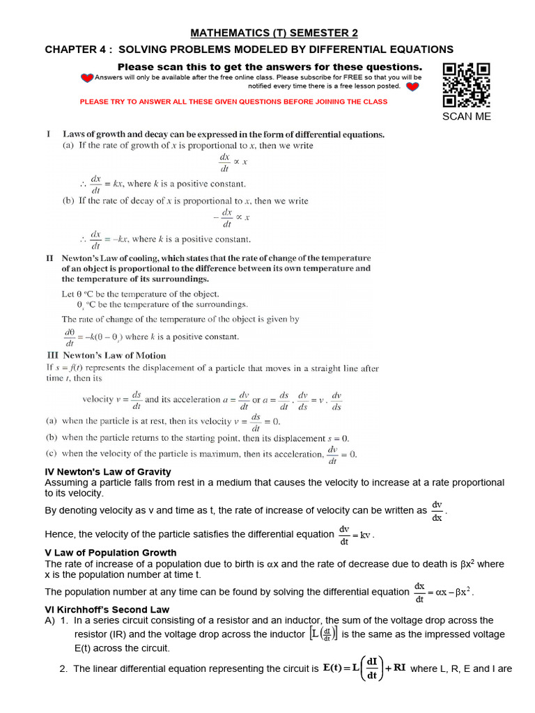 MATH T ( SEM 2 ) SOLVING PROBLEMS MODELED BY DIFFERENTIAL EQUATION | PDF | Electrical Network ...