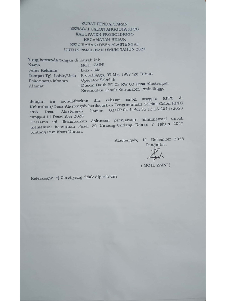 Surat Pendaftaran Kpps | PDF