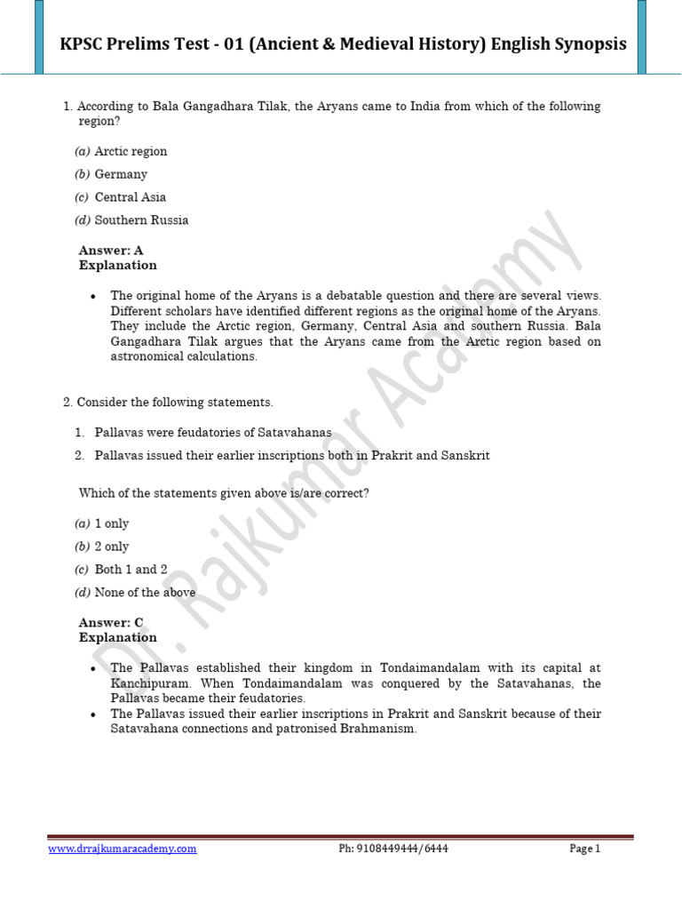 KPSC Prelims Test: Ancient & Medieval History | PDF