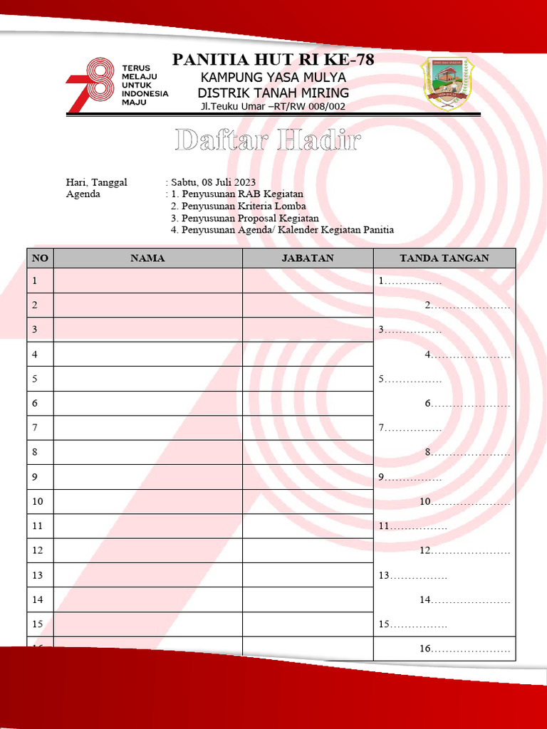 Format Daftar Hadir Rapat Panitia Hut Ri | PDF