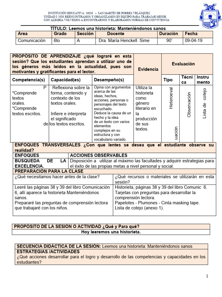 Sesion Leemos Una Historieta 01 04 19 | PDF | Comprensión lectora | Cognición