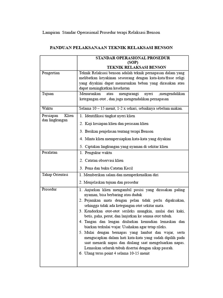 Lampiran Standar Operasional Prosedur Terapi Relaksasi Benson | PDF