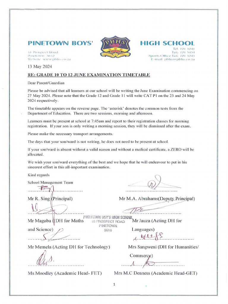 Grade 12 June Exam Timetable | PDF