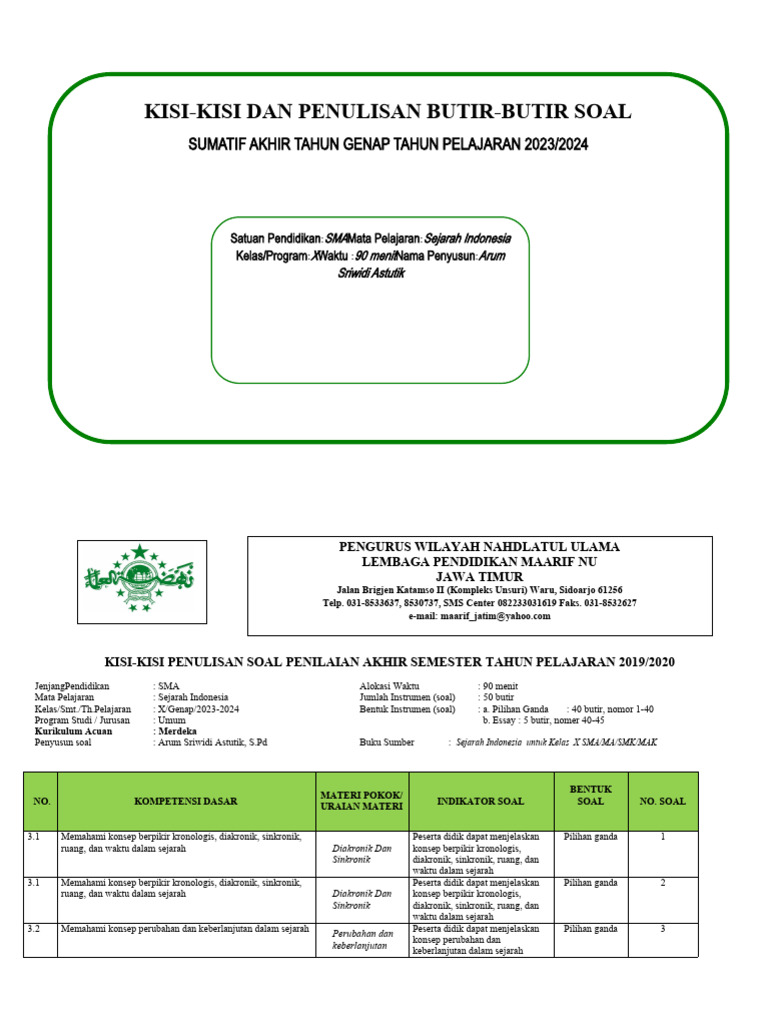 KISI Kisi PAT Sejarah Wajib X Bu Arum | PDF