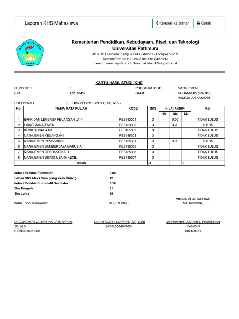 Laporan KHS Mahasiswa | PDF