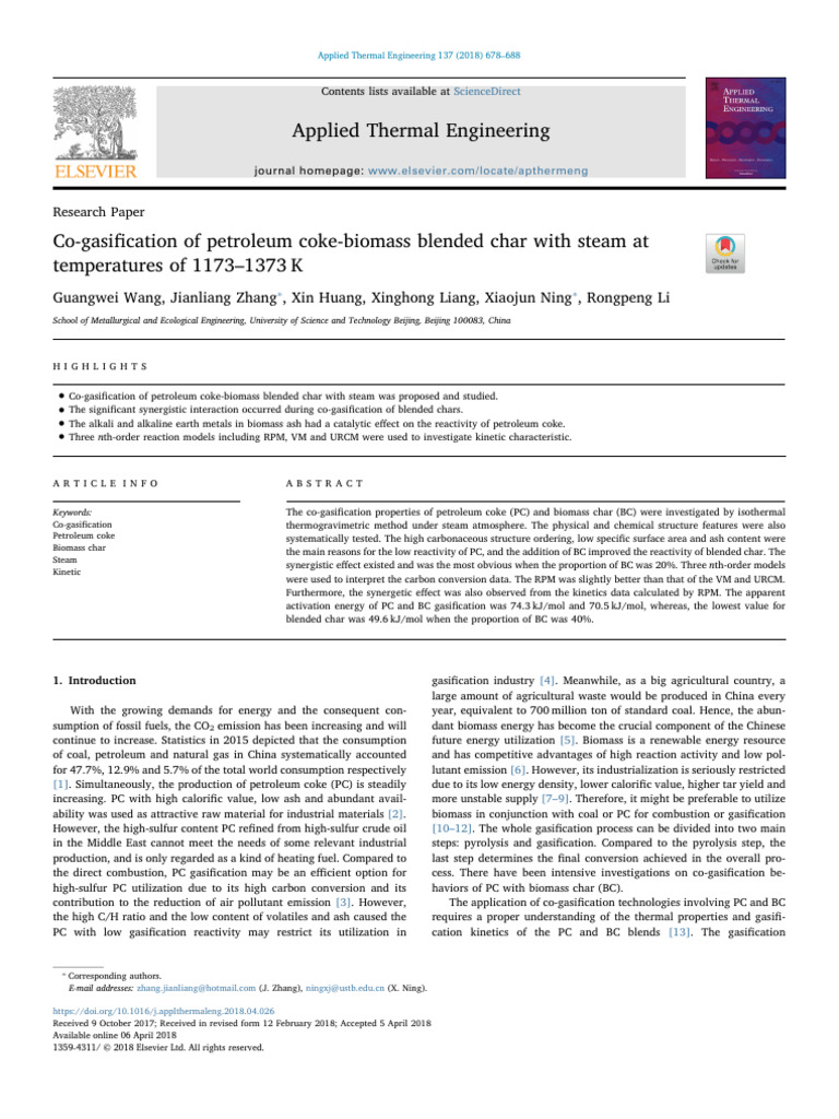Co-Gasi Cation of Petroleum Coke-Biomass Blended Char With Steam K ...