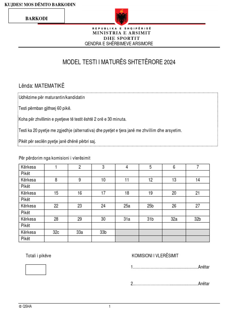 Matematike Model Testi MSH 2024 | PDF