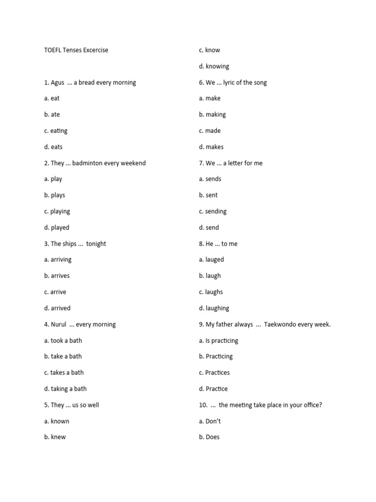 TOEFL Tenses Practice Exercises | PDF | Foods