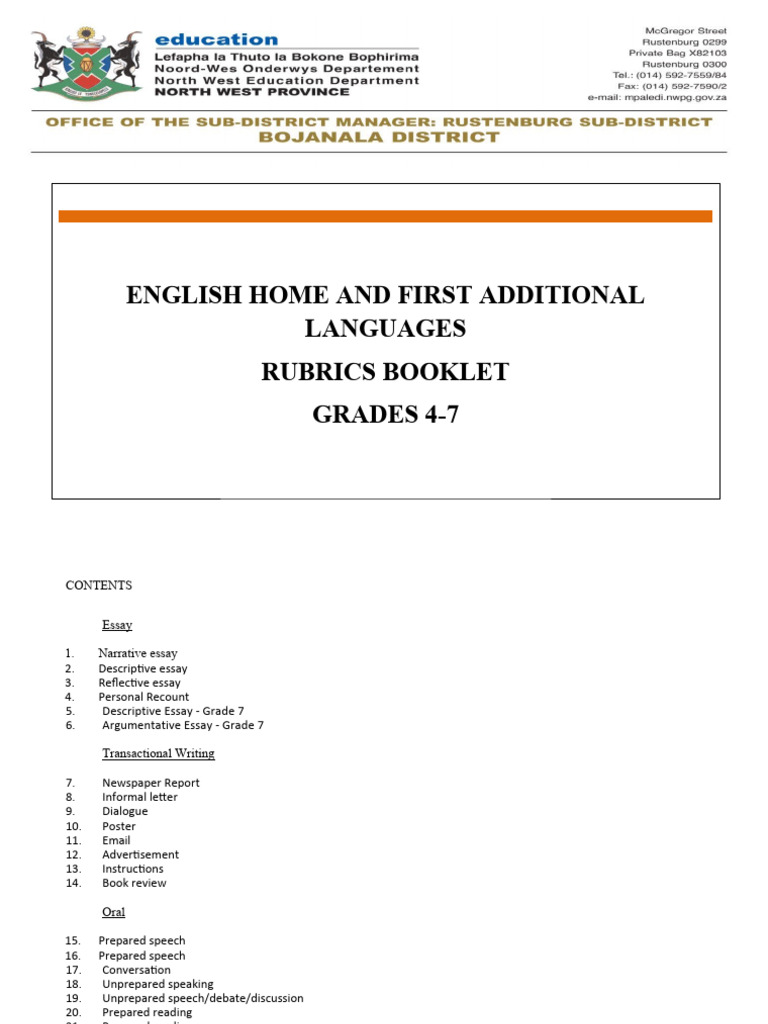 English Language Rubrics for Grades 4-7 | PDF | Essays | Editing