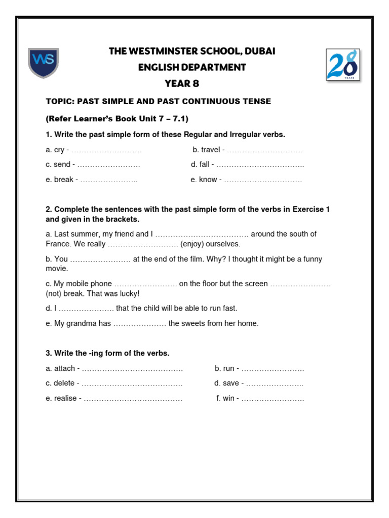 Yr8 Worksheet- Past Simple and Past Continuous Tense | Download Free ...